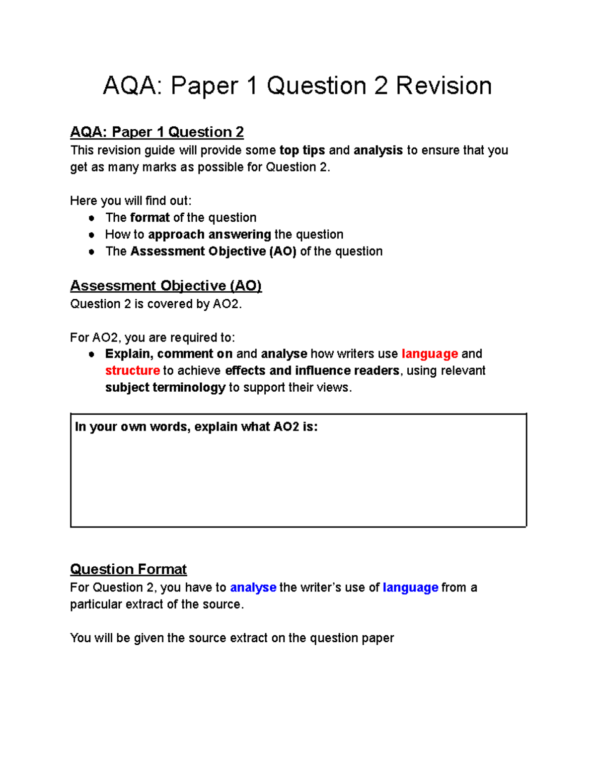 AQA Paper 1 Q2 Revision Guide: Tips for Analysis and Response - Studocu