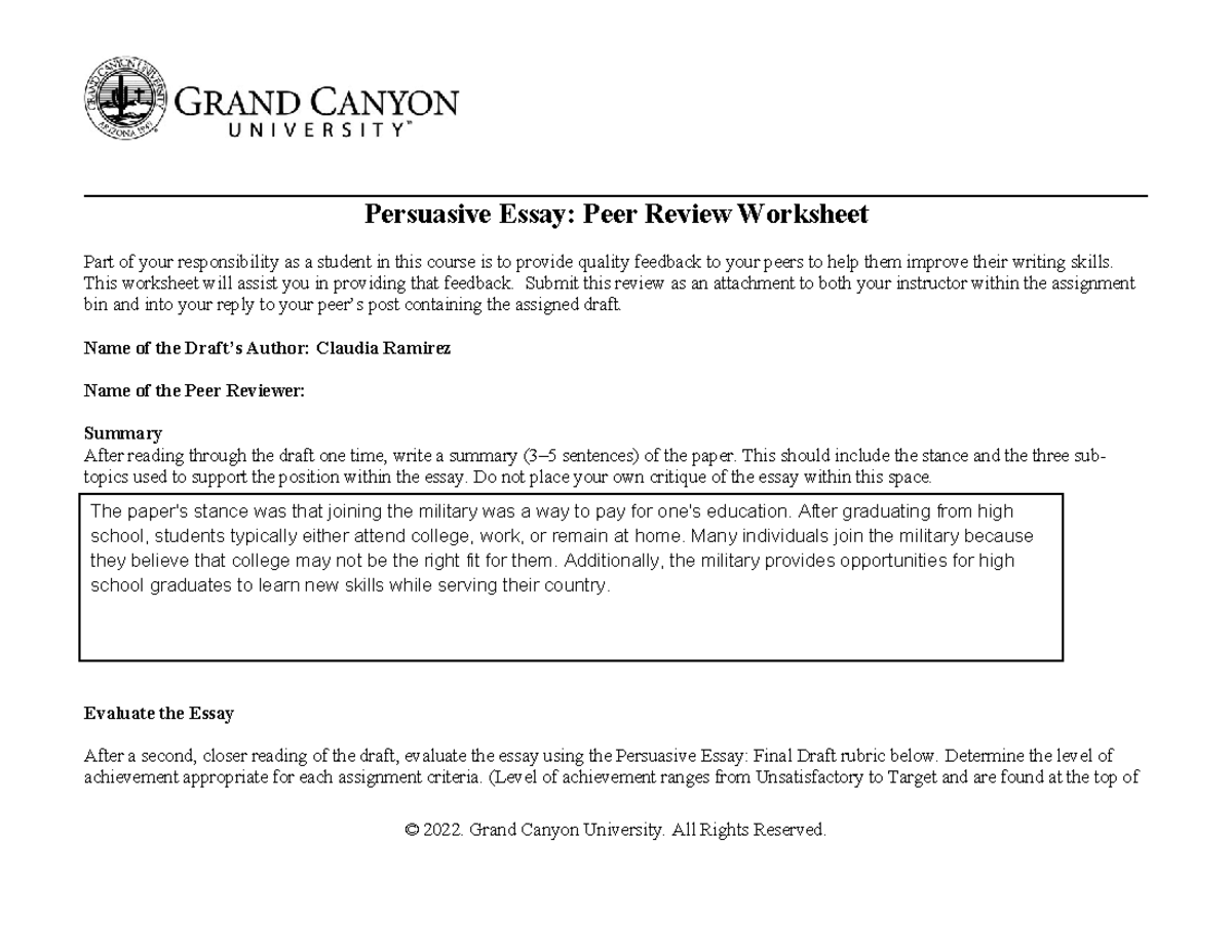 Persuasive Essay Peer Review Worksheet - PHI105 Assignment - Studocu