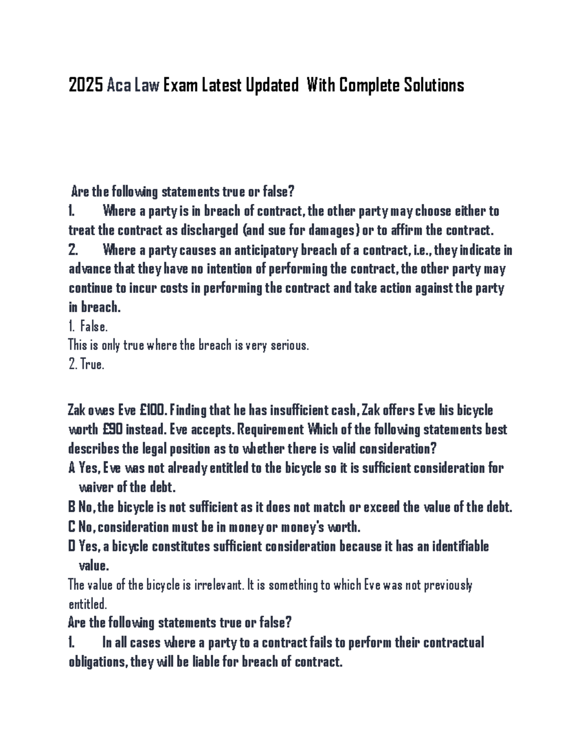 2025 Aca Law Exam Comprehensive Solutions and True/False Analysis - Studocu