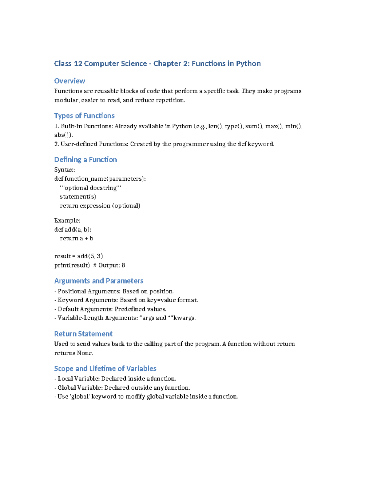 Class 12 CS Chapter 2: Overview of Functions in Python - Studocu