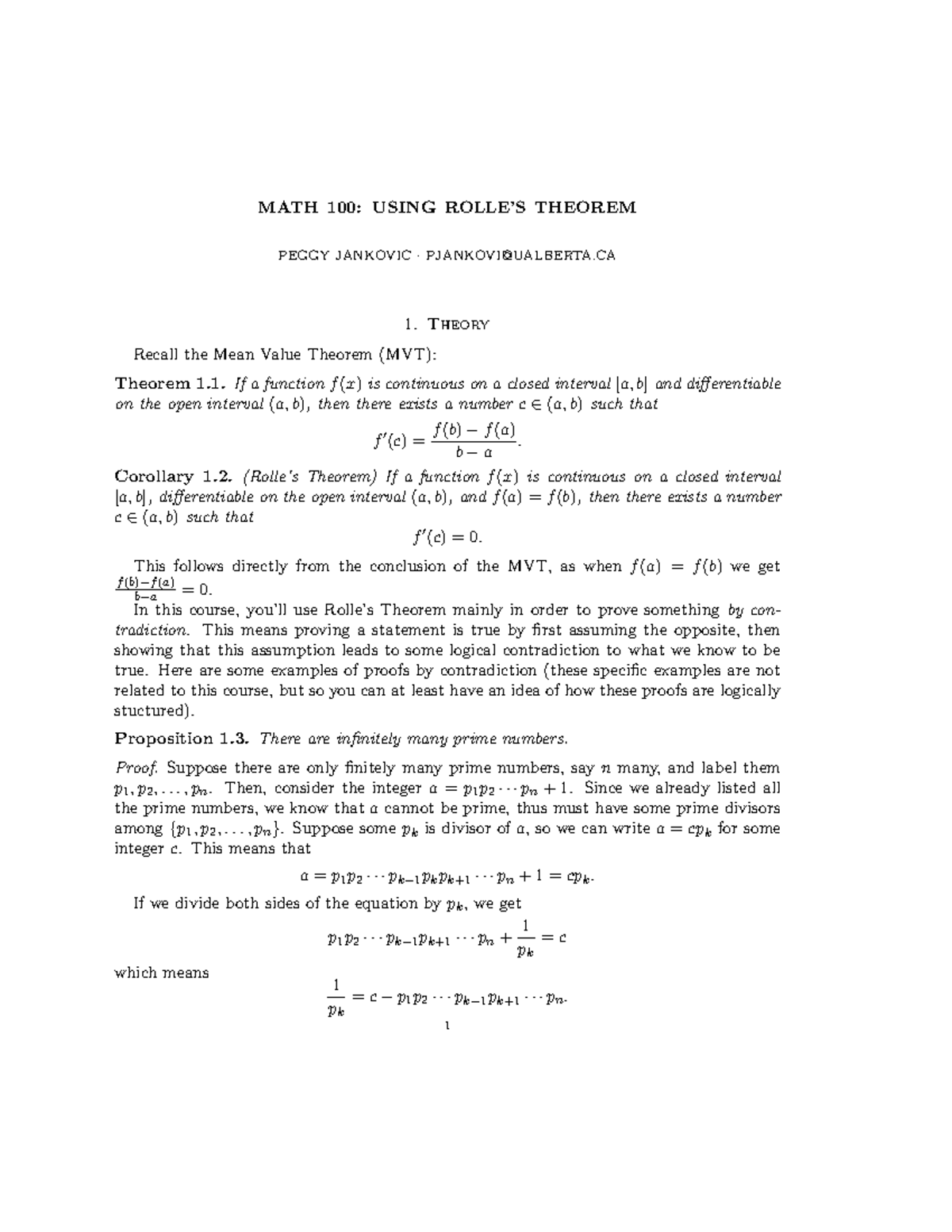 MATH 100: Understanding and Applying Rolle's Theorem Concepts - Studocu