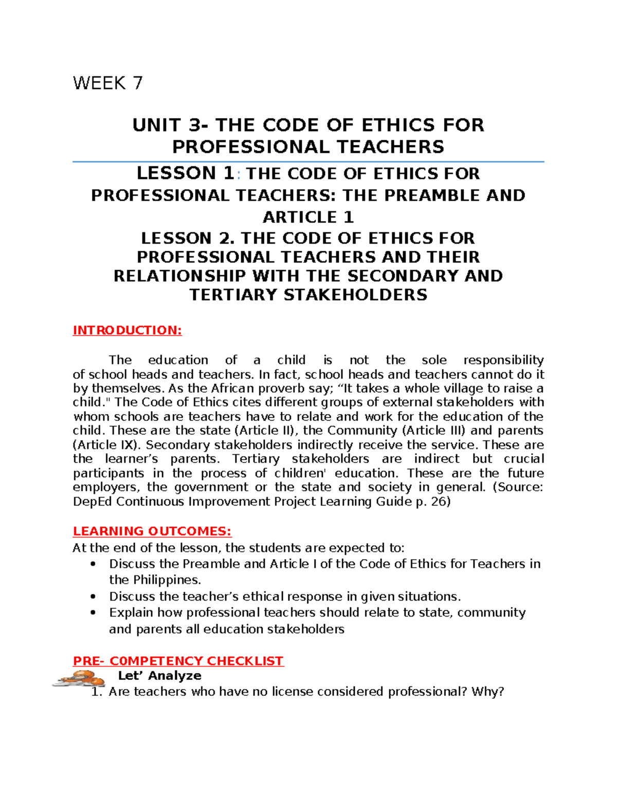 WEEK 7: The Code of Ethics for Professional Teachers - Preamble ...