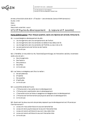 QCM Psychologie du developpement 2016-2022 avec reponses - QCM Psychologie du développement 21 ...