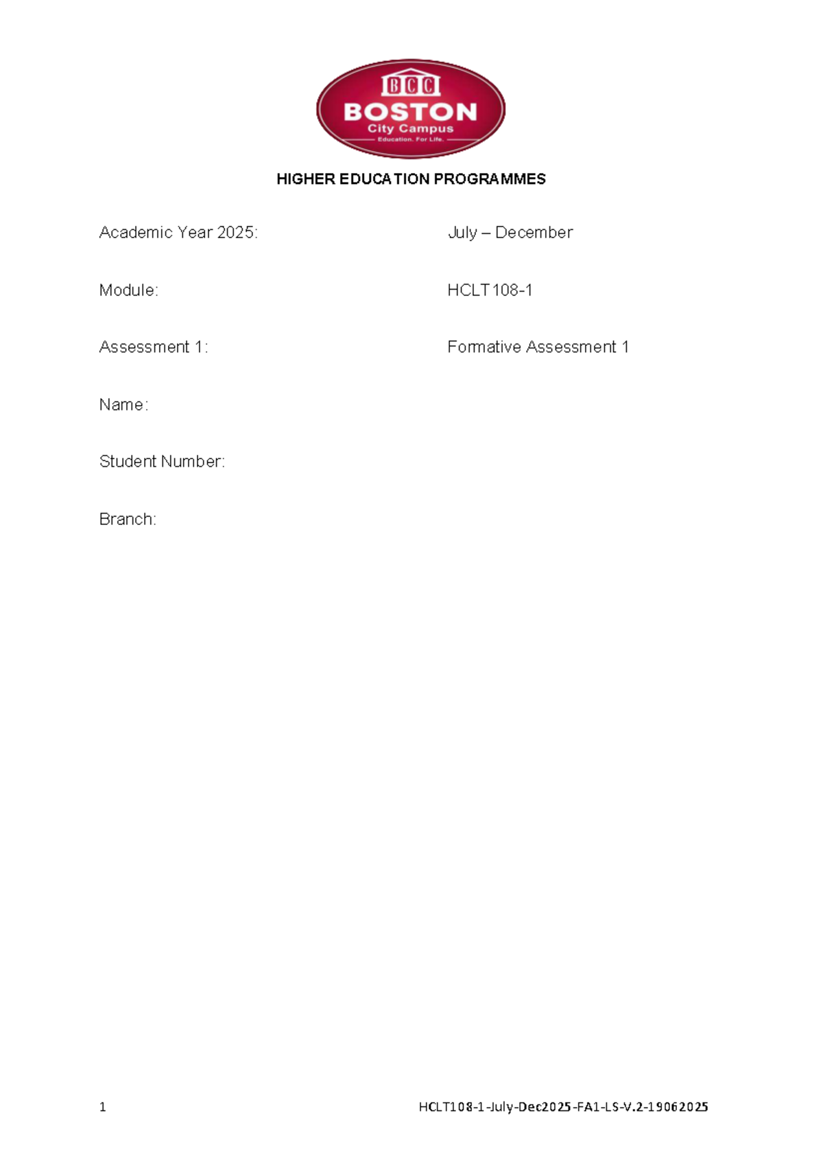 HCLT108-1 July-Dec 2025: Formative Assessment 1 Answer Sheet - Studocu