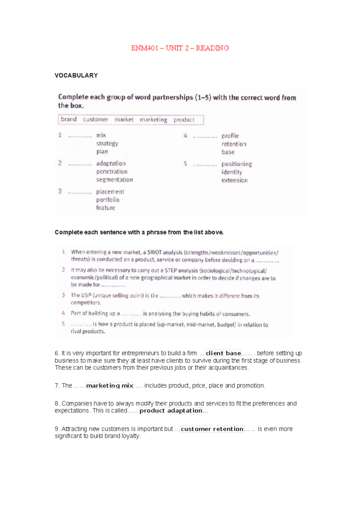 ENM401 UNIT 2 READING VOCABULARY & EXTRA ACTIVITIES - Studocu
