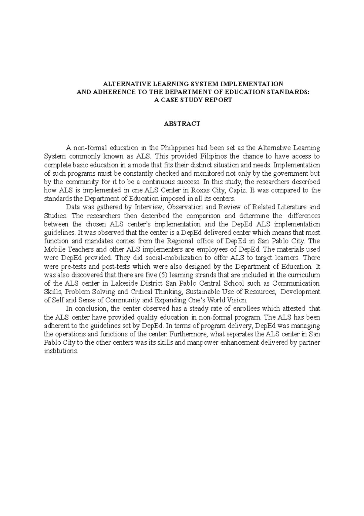 Alternative Learning System Implementation - ALTERNATIVE LEARNING ...