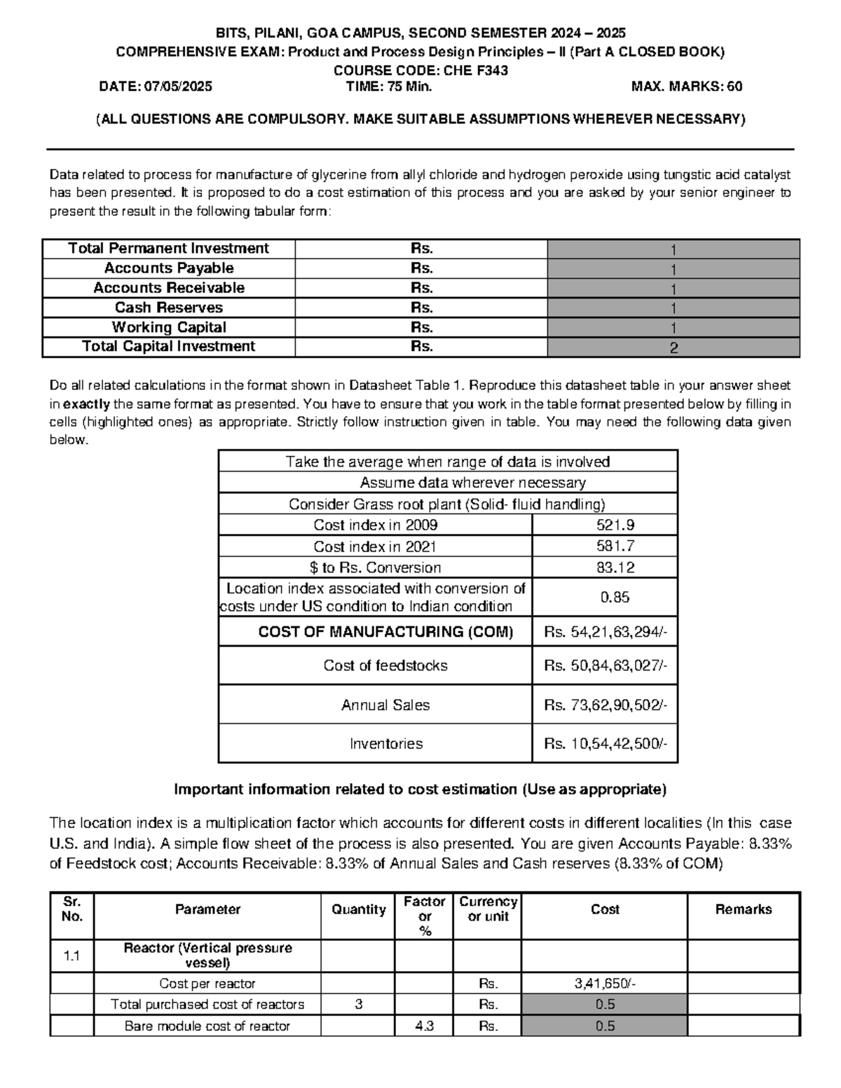 CHE F343 Comprehensive Exam: Product & Process Design II (2024-2025 ...