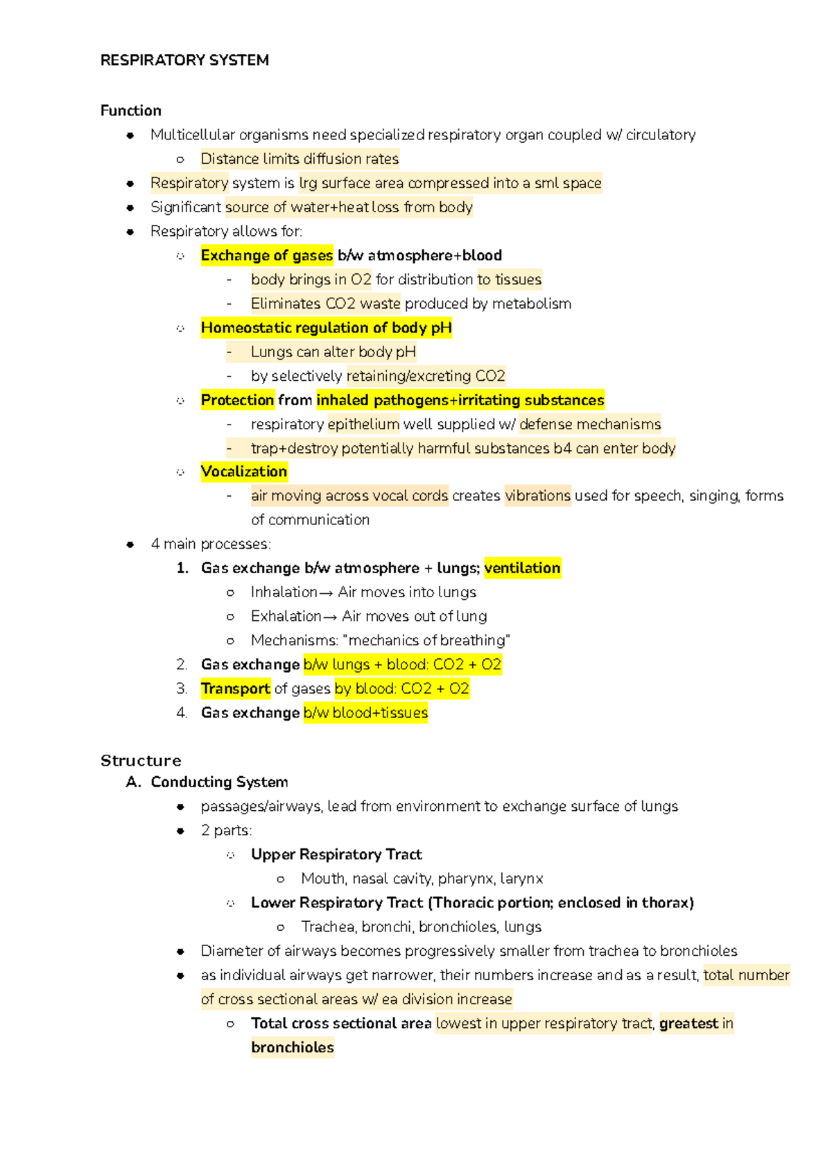 HUM PHYS UNIT 5 Respiratory System - RESPIRATORY SYSTEM Function ...
