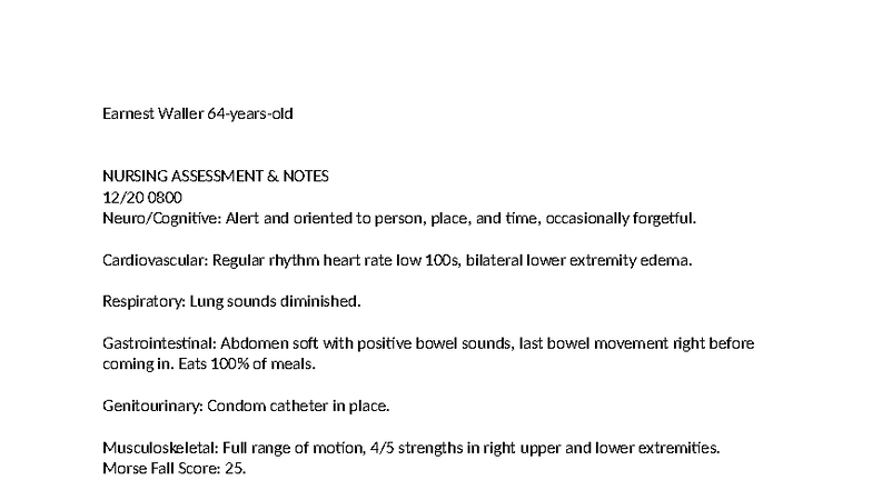 NURS 0800 Nursing Assessment Notes for Earnest Waller - Studocu