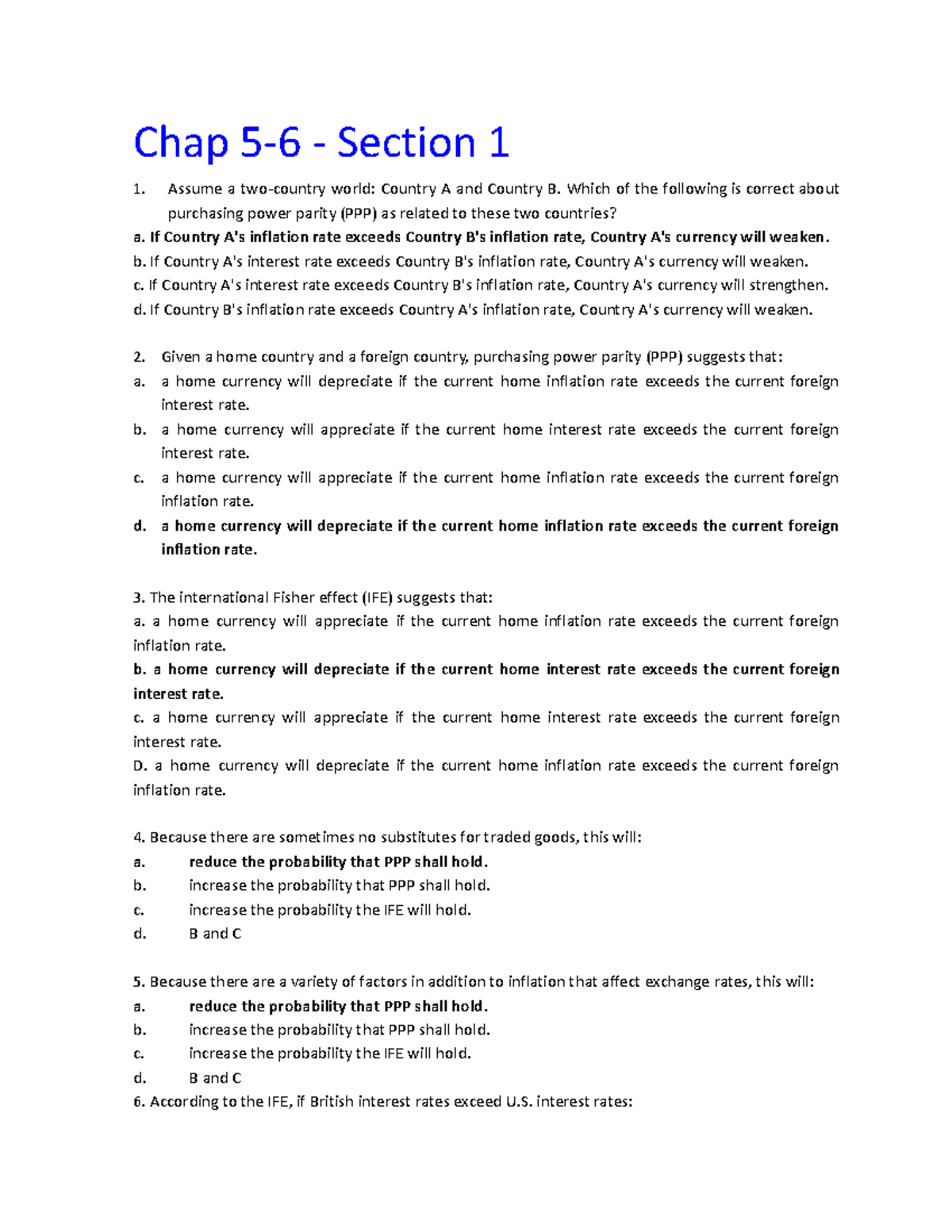 Chap 5-6 Review Questions & Answers on PPP and IFE Concepts - Studocu
