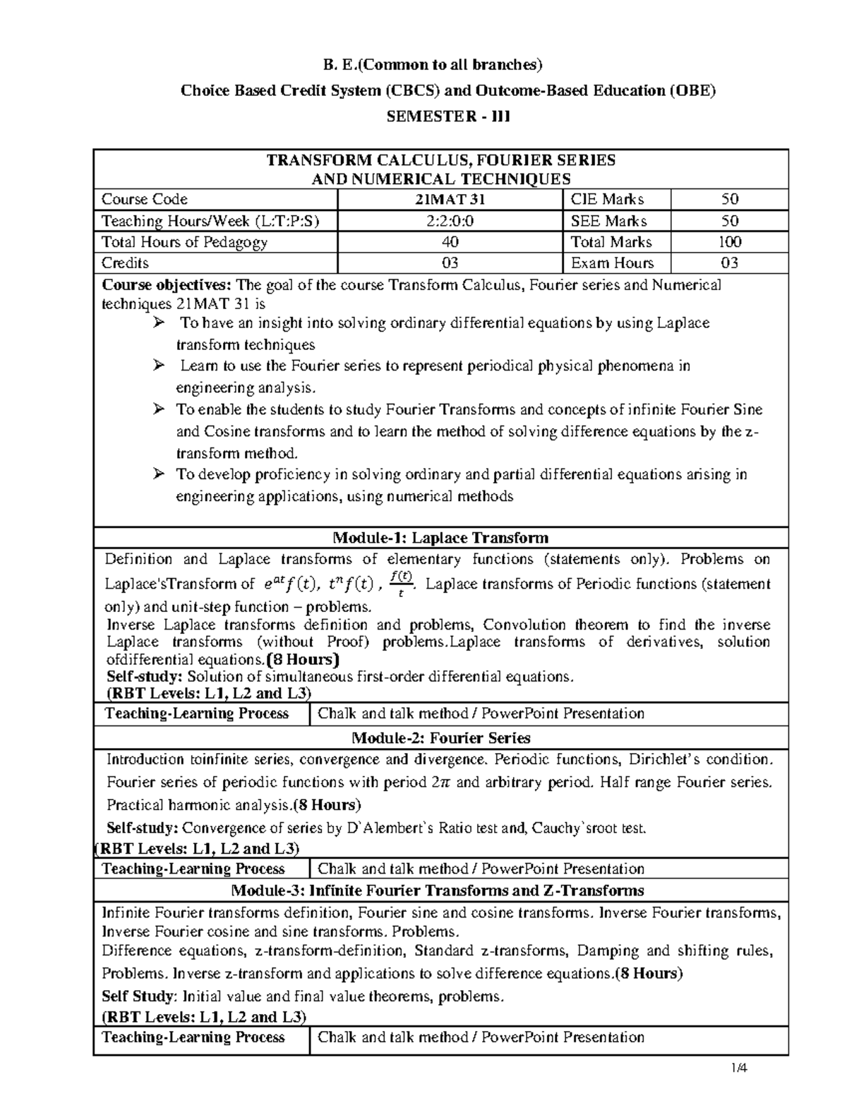 Transform Calculus, Fourier Series & Numerical Techniques 21MAT 31 ...