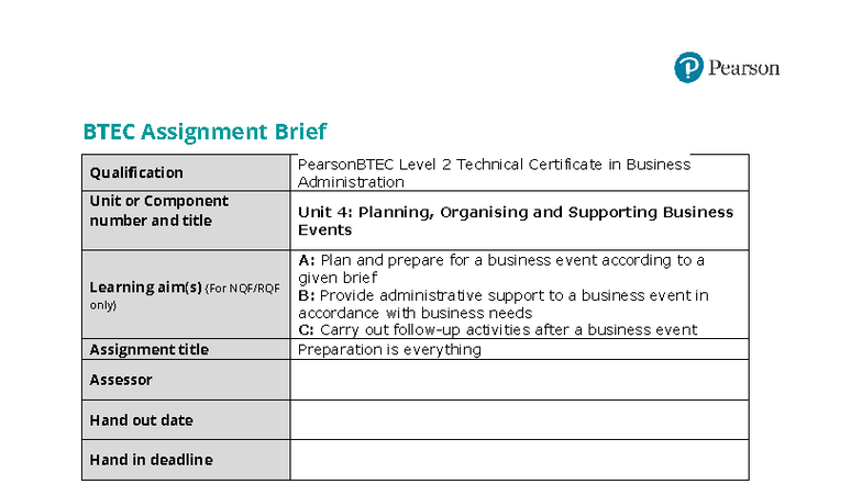 BTEC Level 2 Business Admin Unit 4: Event Planning & Support Brief ...