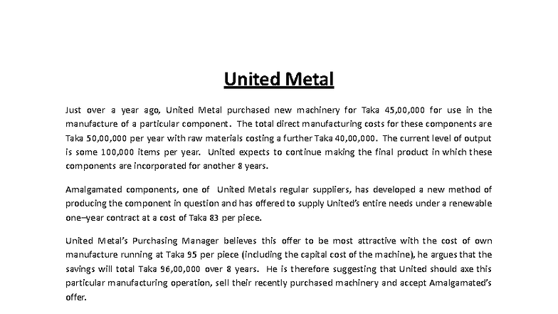 United Metal Case Study: Manufacturing vs. Outsourcing Analysis - Studocu
