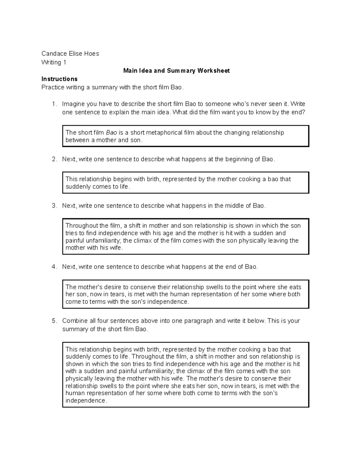 9 - Writing 1: Bao Short Film Main Idea & Summary Worksheet - Studocu