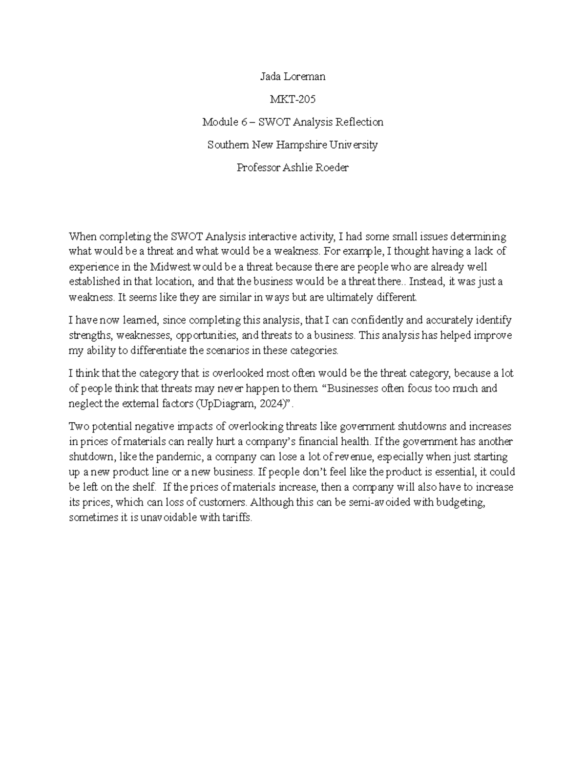 MKT-205 Module 6 SWOT Analysis Reflection - Achieved an A - Studocu