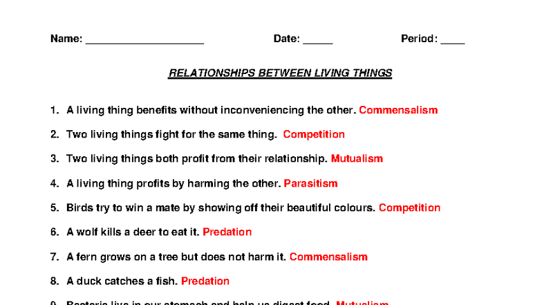 Ecological Interactions KEY: Relationships Between Living Things - Studocu