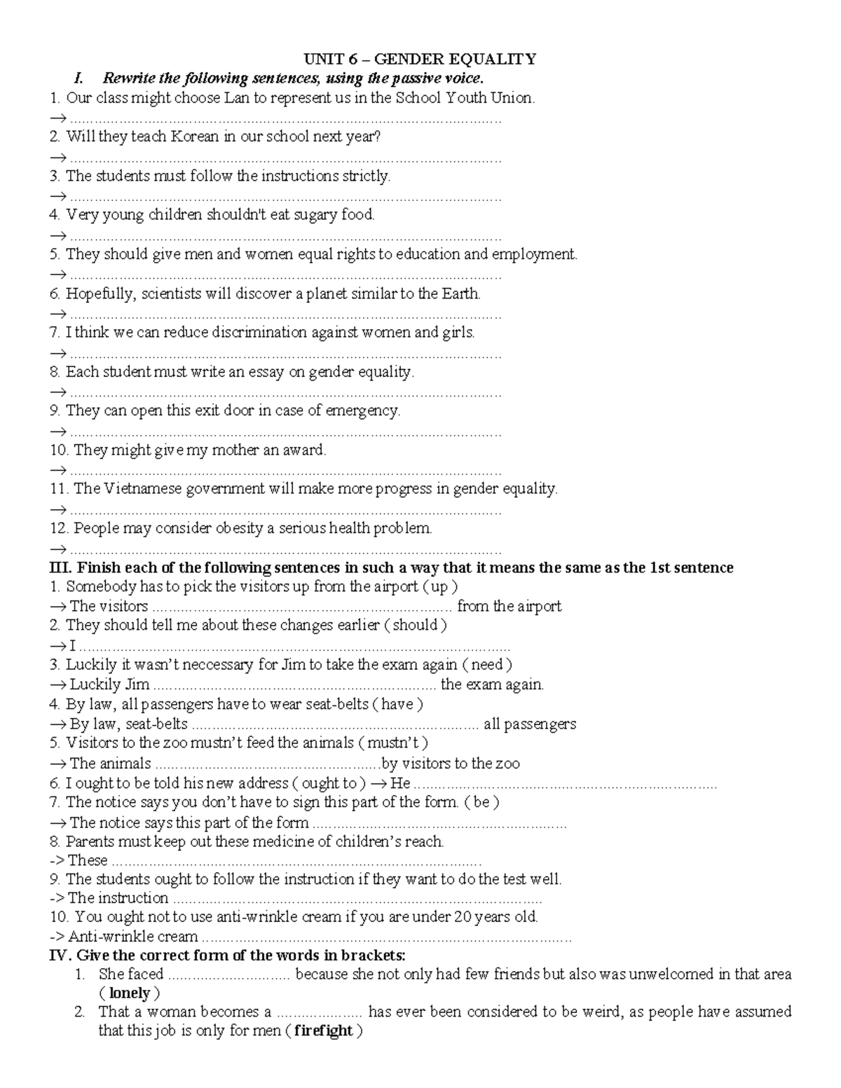 Unit 6 Gender Equality - Grade 10 Passive Voice Exercises - Studocu