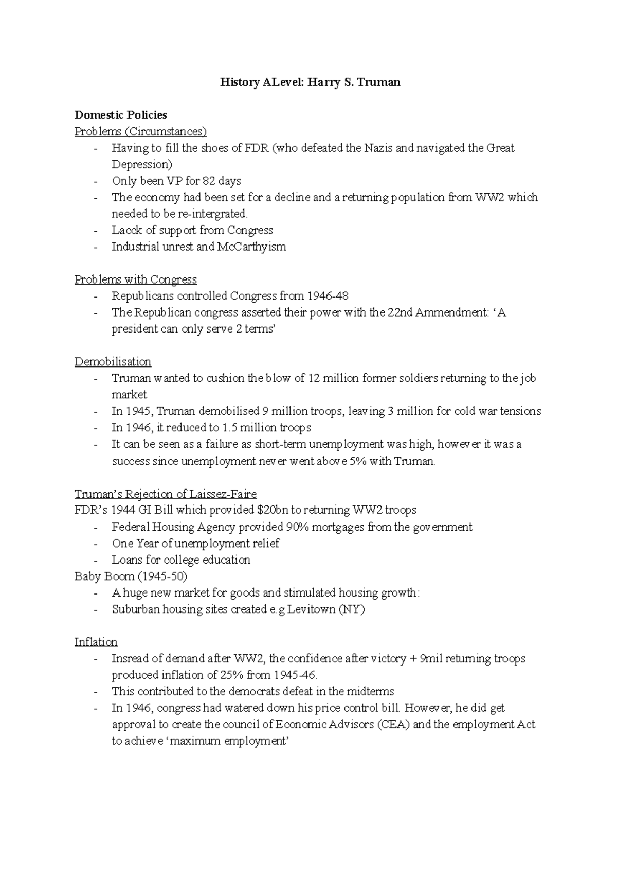 History ALevel Study Guide: Harry S. Truman's Domestic & Foreign ...