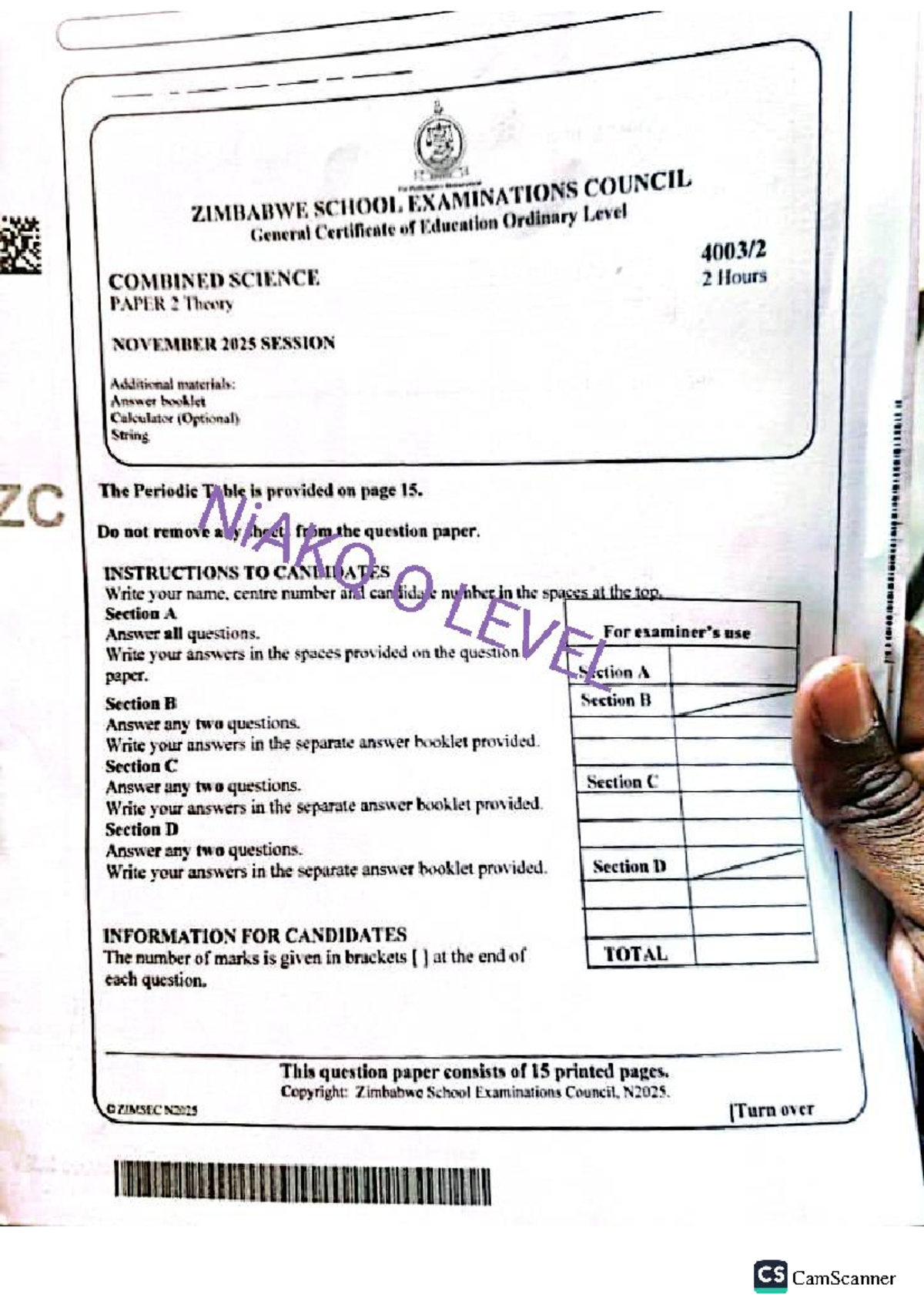 N2025 Combined Science O Level Exam Paper 2 - Nov 2025 - Studocu