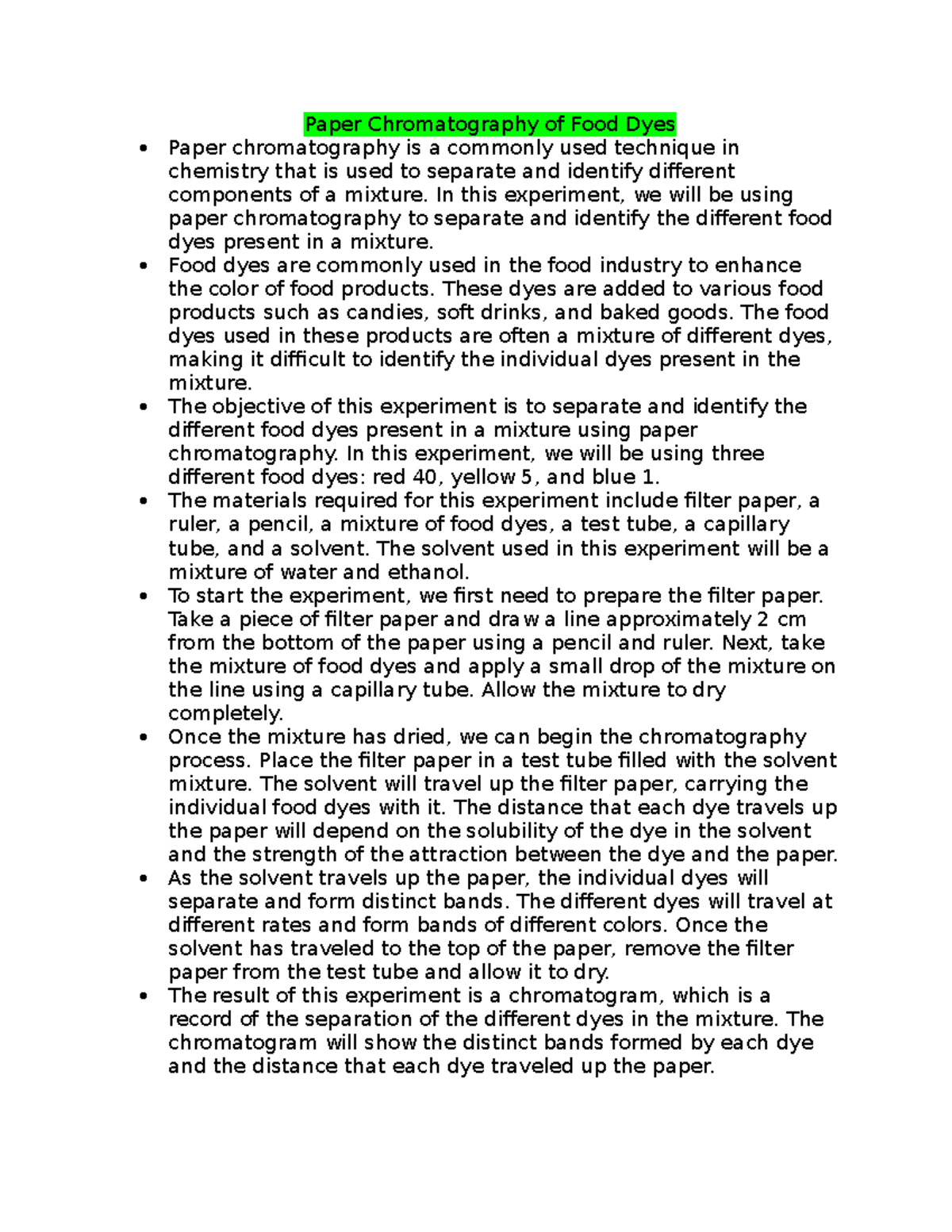 Paper Chromatography of Food Dyes - In this experiment, we will be ...