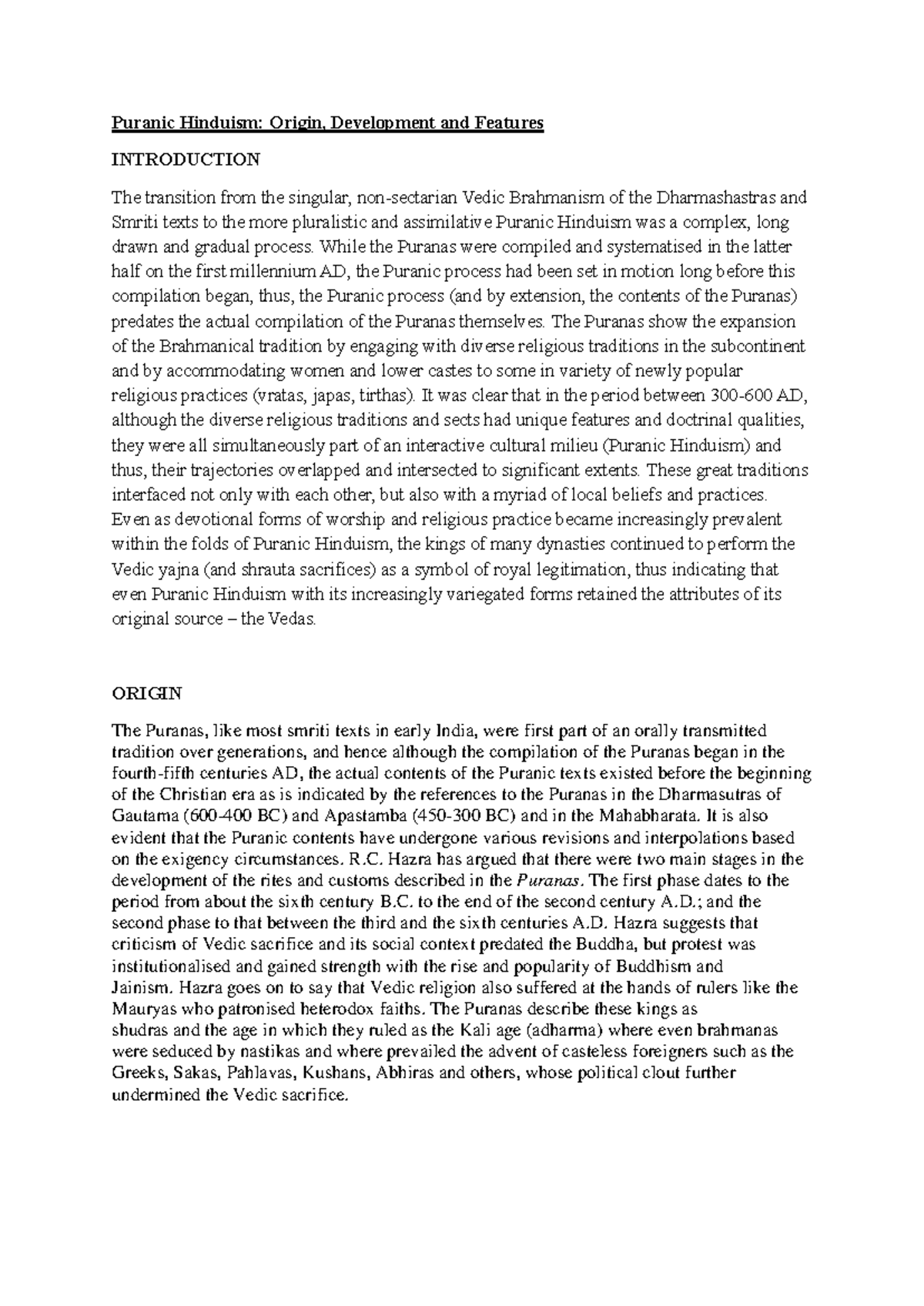 Puranic Hinduism: Evolution, Characteristics, and Cultural Impact - Studocu