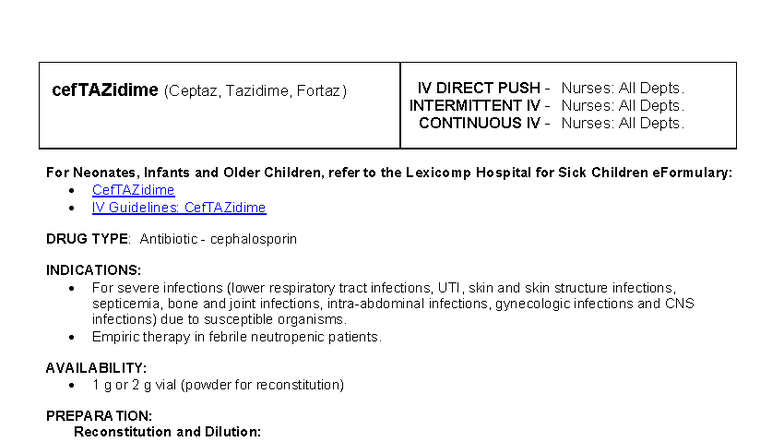 CefTAZidime (Ceptaz, Tazidime, Fortaz) IV Monograph for Nurses - Studocu