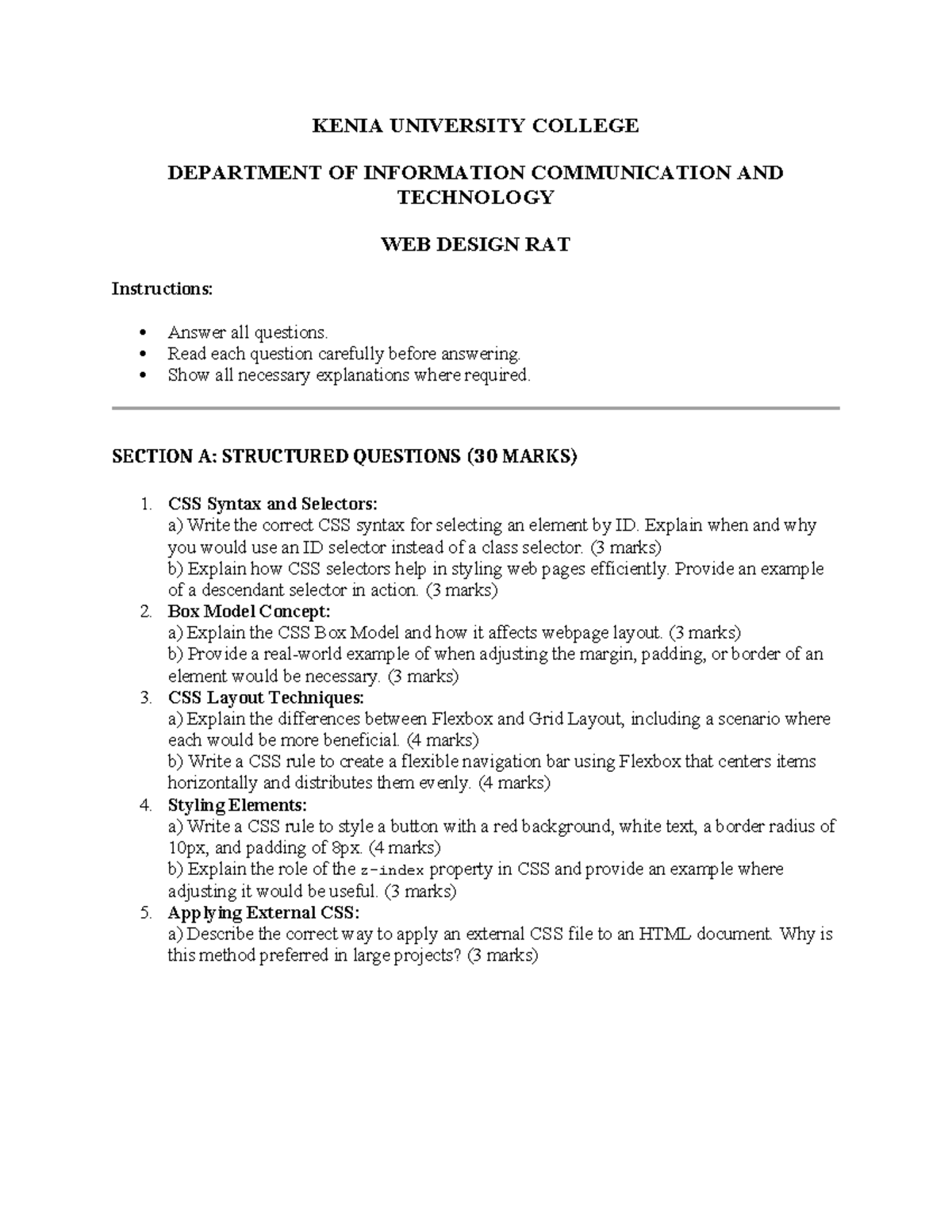 WEB Design CA Test - KENYA UNIVERSITY ICT Dept. - Studocu