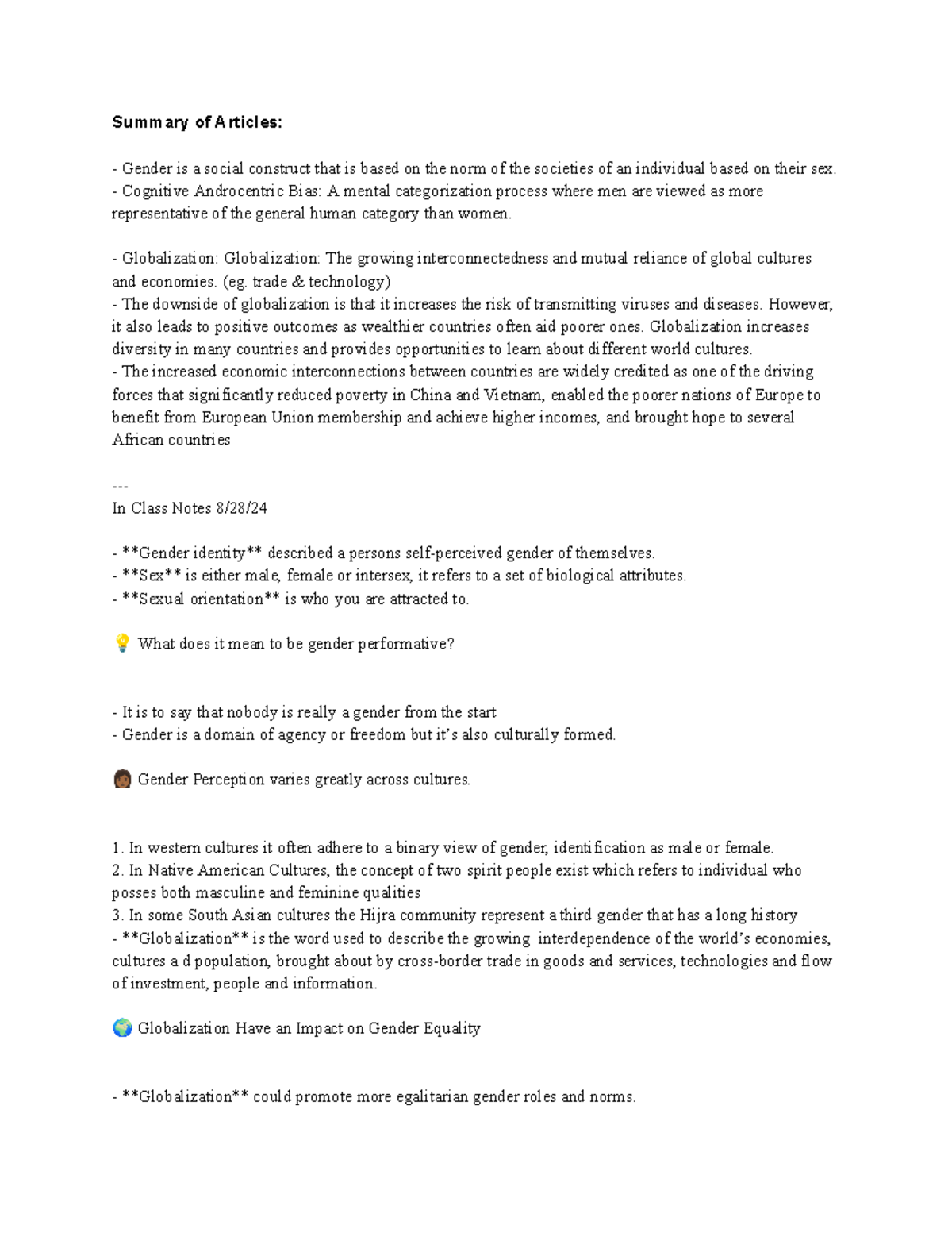 WGGS Notes - Summary of Articles: Gender is a social construct that is ...