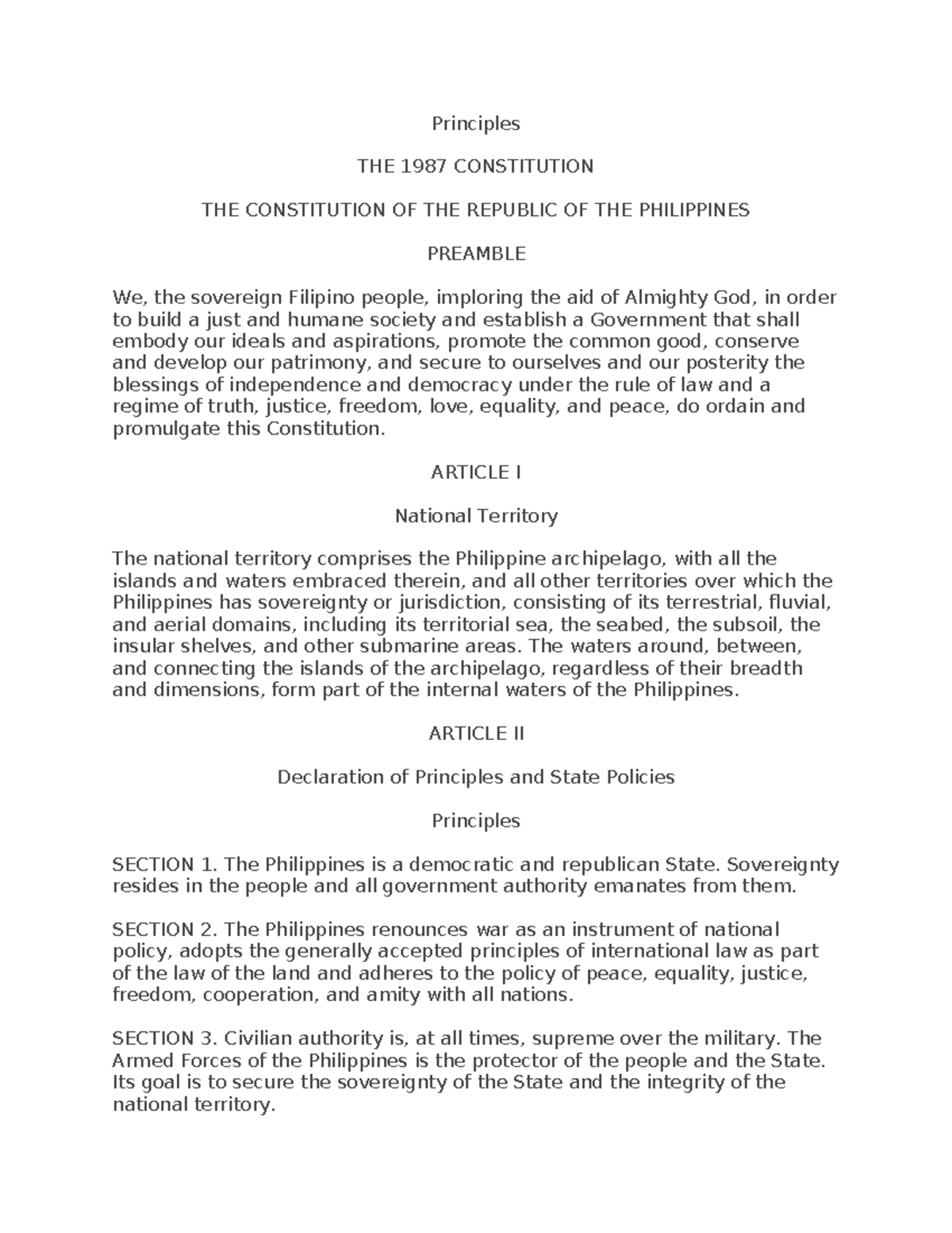 1987 constitution - notes - Principles THE 1987 CONSTITUTION THE ...
