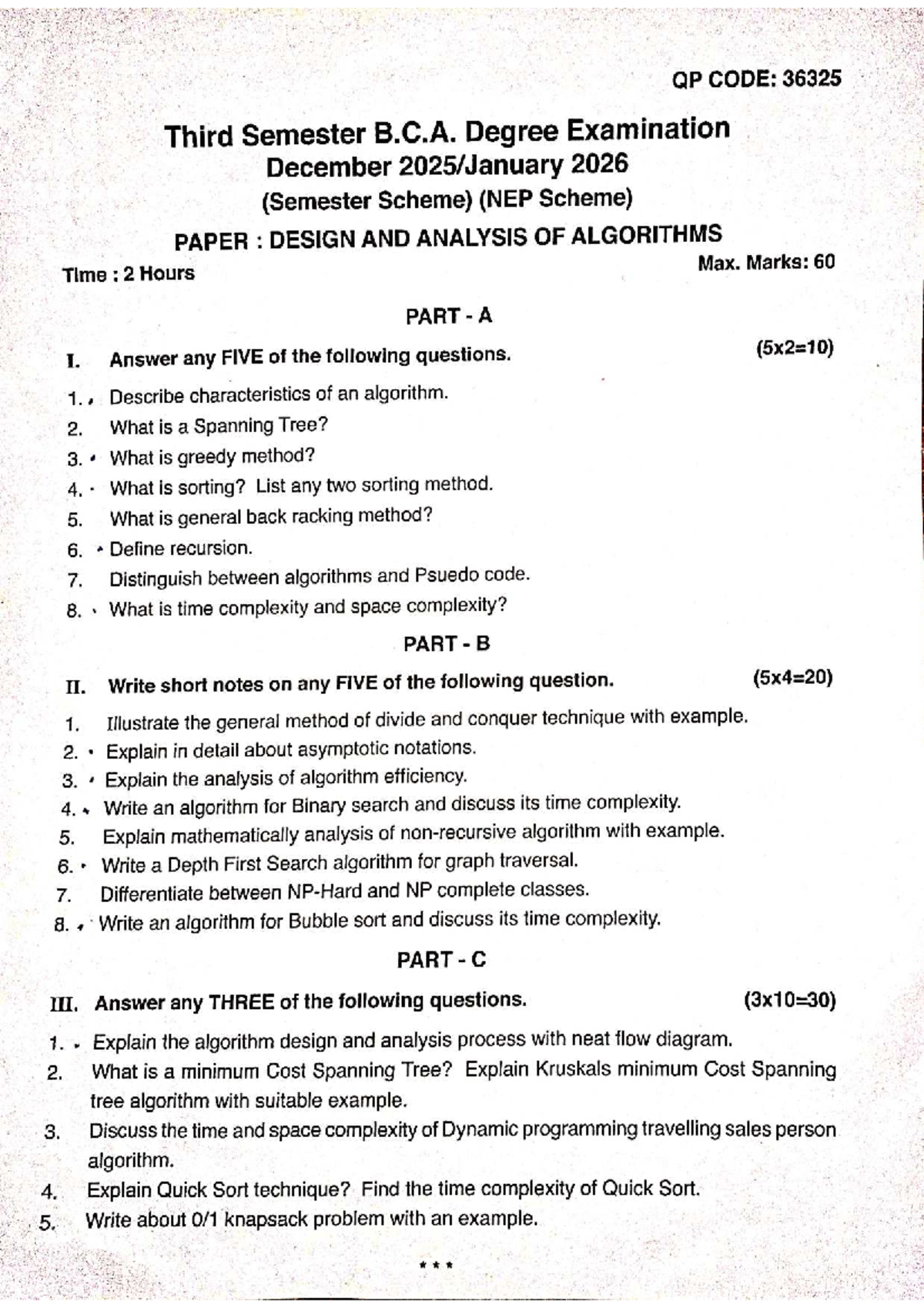 B.C.A. 3rd Sem Dec 2026 Exam: Design & Analysis of Algorithms QP - Studocu