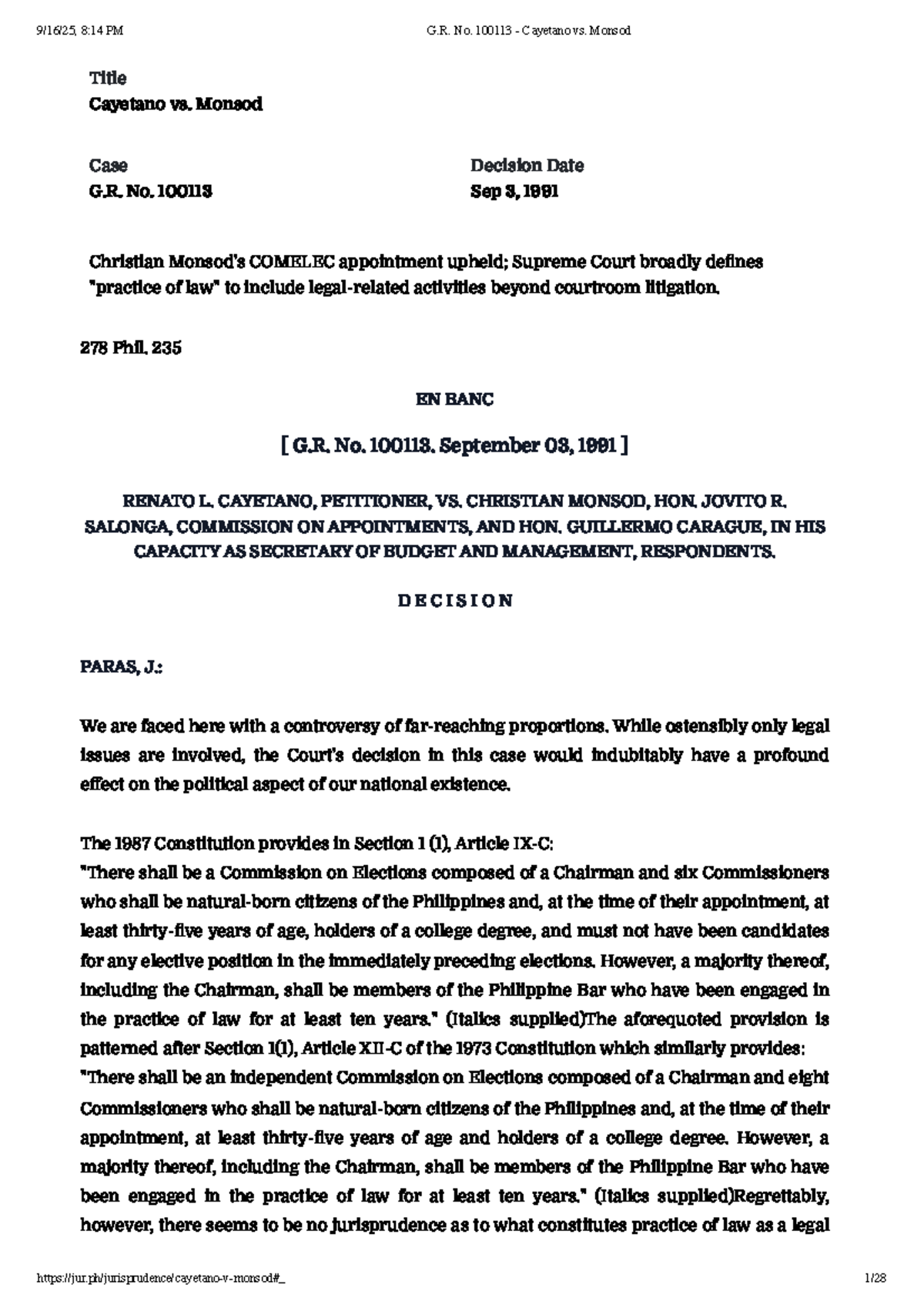 G.R. No. 100113: Analysis of the Cayetano vs. Monsod Decision - Studocu