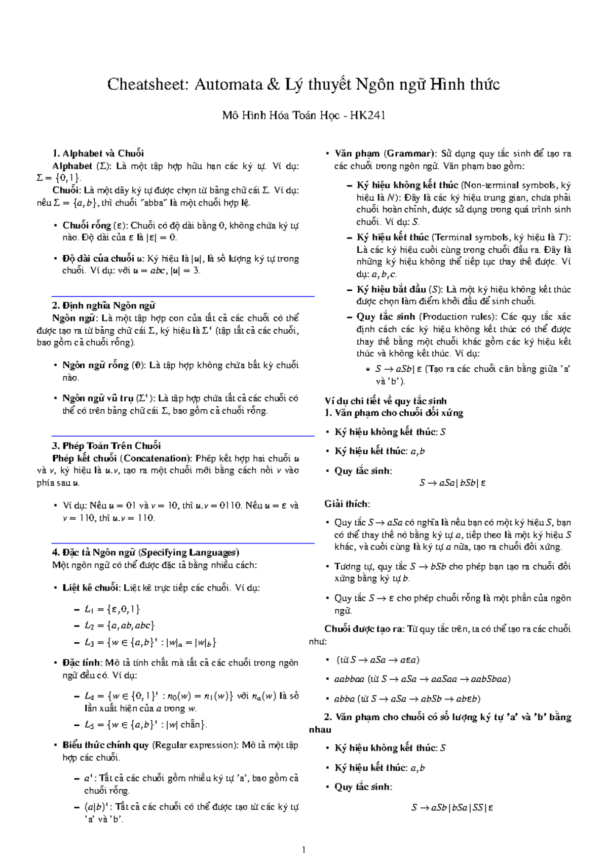 Cheatsheet: Automata Lý thuyết Ngôn ngữ Hình thức HK241 - Studocu