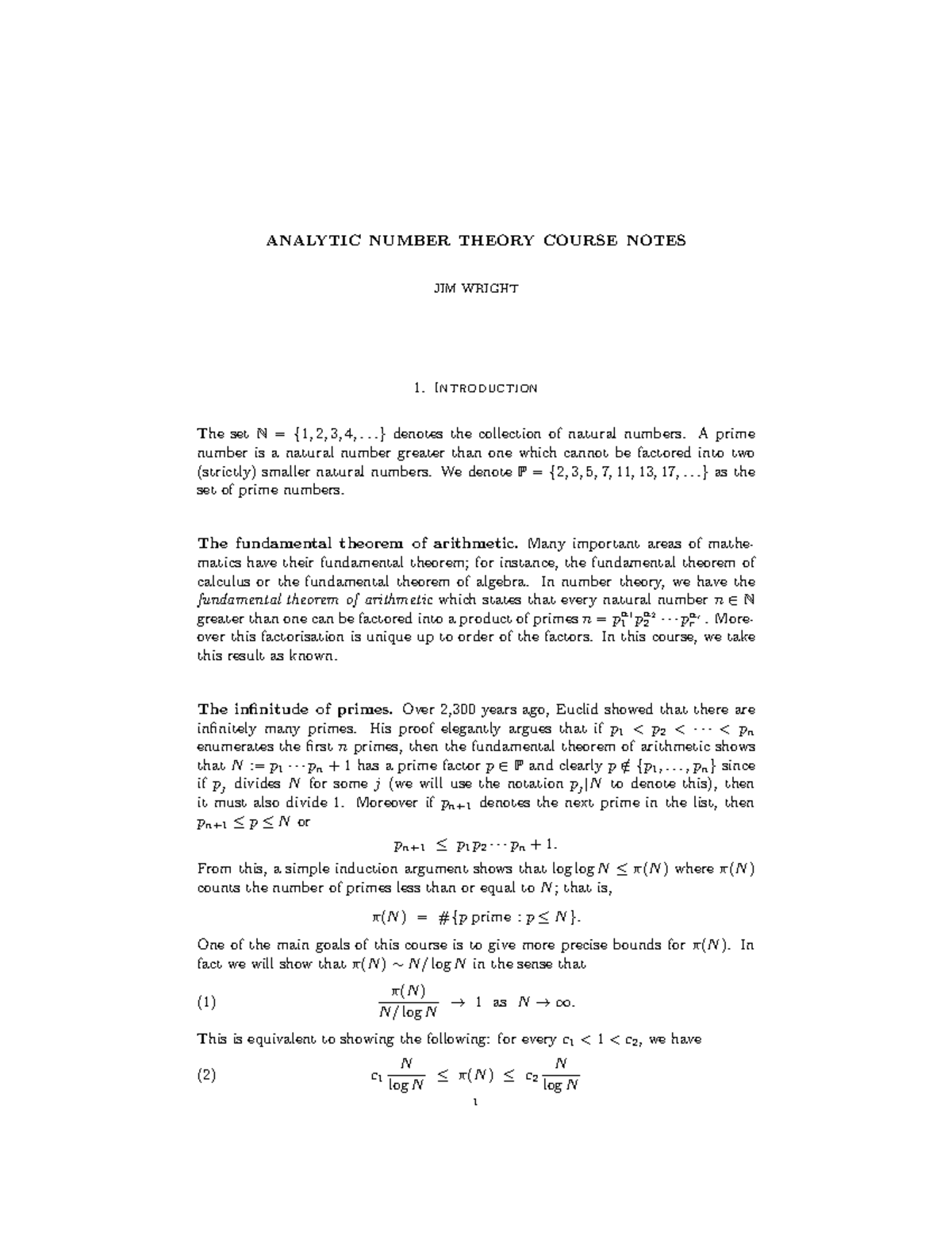 ANT - Analytic Number Theory Lecture Notes by Jim Wright - Studocu