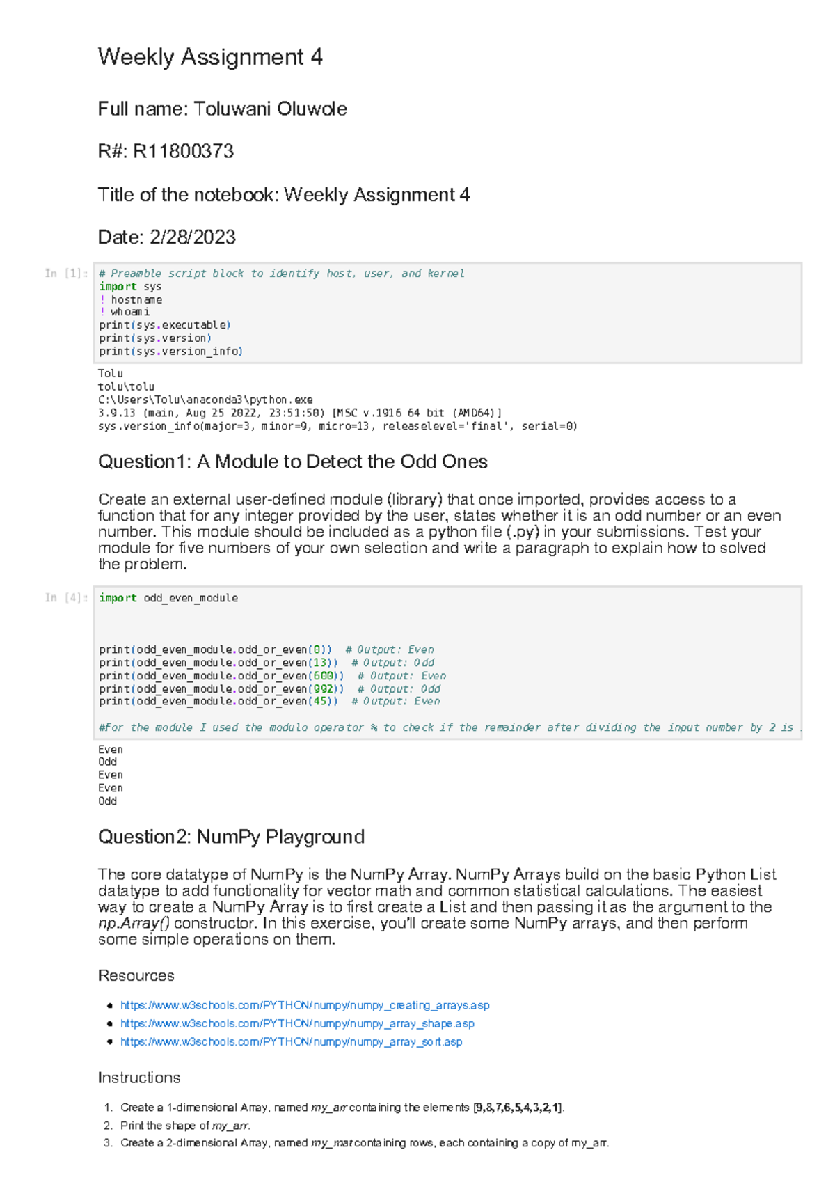 ENGR1330-Weekly Assignment 4: Python & NumPy Explorations - Studocu