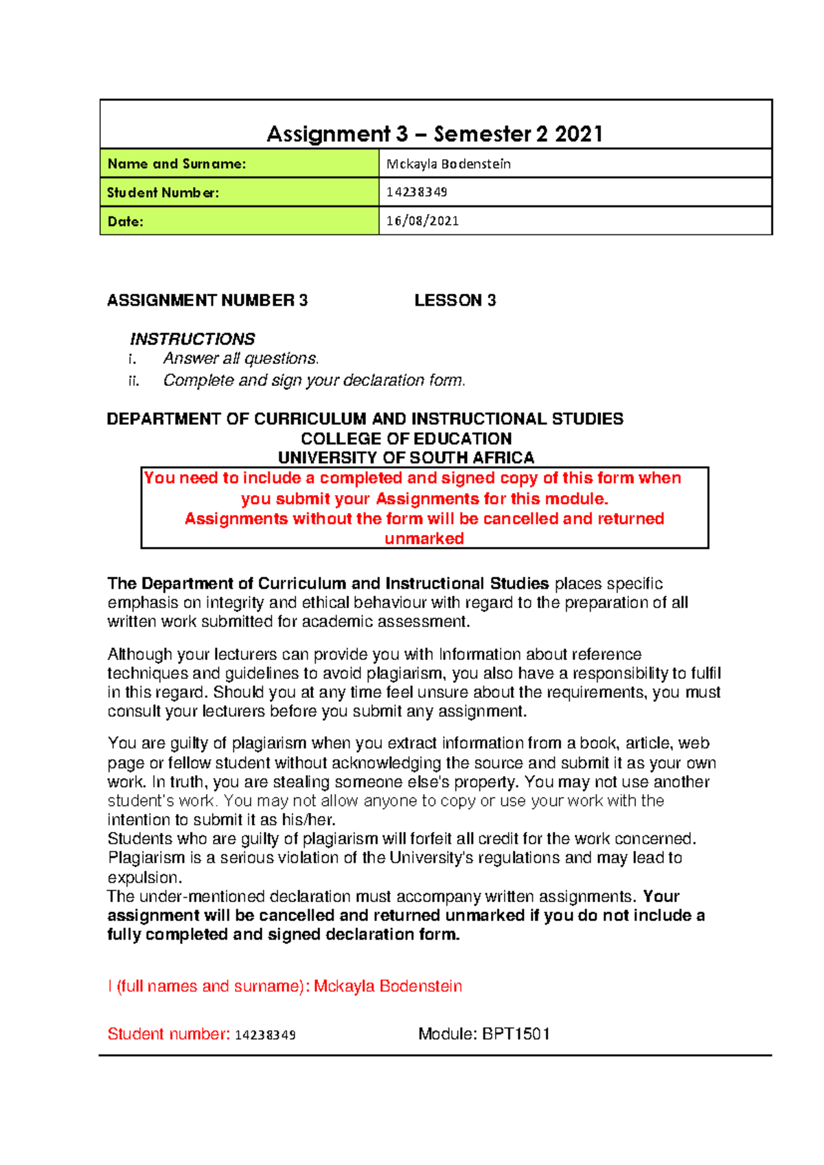 Assignment 3 Template - BPT - Curriculum & Instructional Studies - Studocu