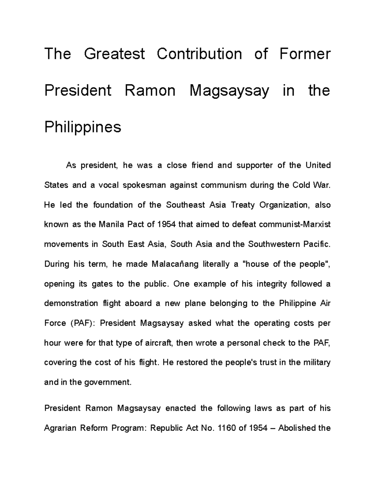Ramon Magsaysay: His Impact on Philippine Governance and Reform - Studocu