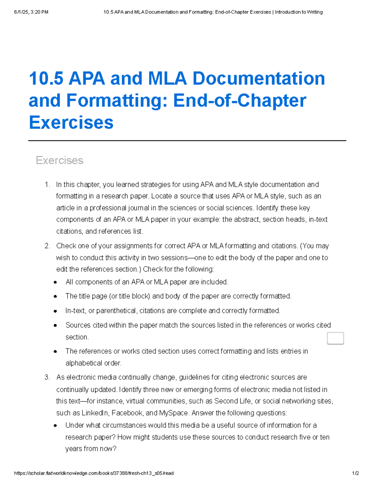 10.5 APA & MLA Documentation: End-of-Chapter Exercises for Writing ...