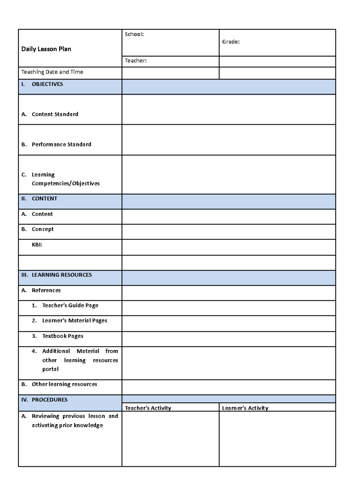 Daily Lesson Plan Template for Teaching Activities - Studocu