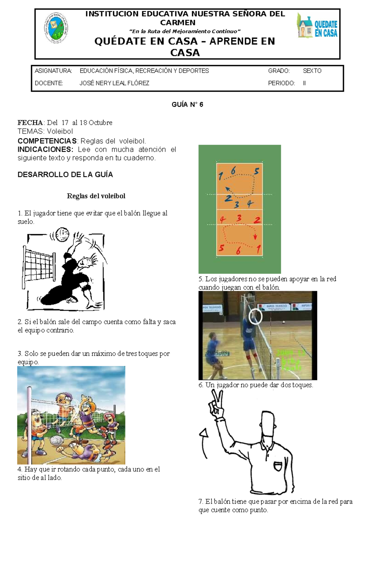 Guía 6°: Reglas del Voleibol - Educación Física (Grado Sexto) - Studocu