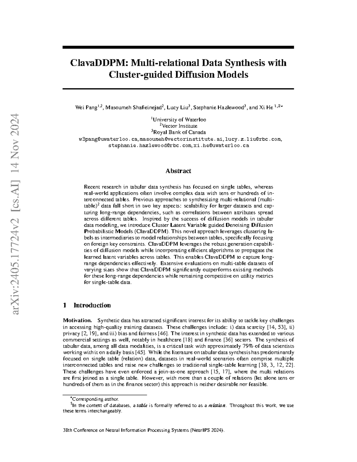 ClavaDDPM: Multi-Relational Data Synthesis Using Cluster-Guided ...