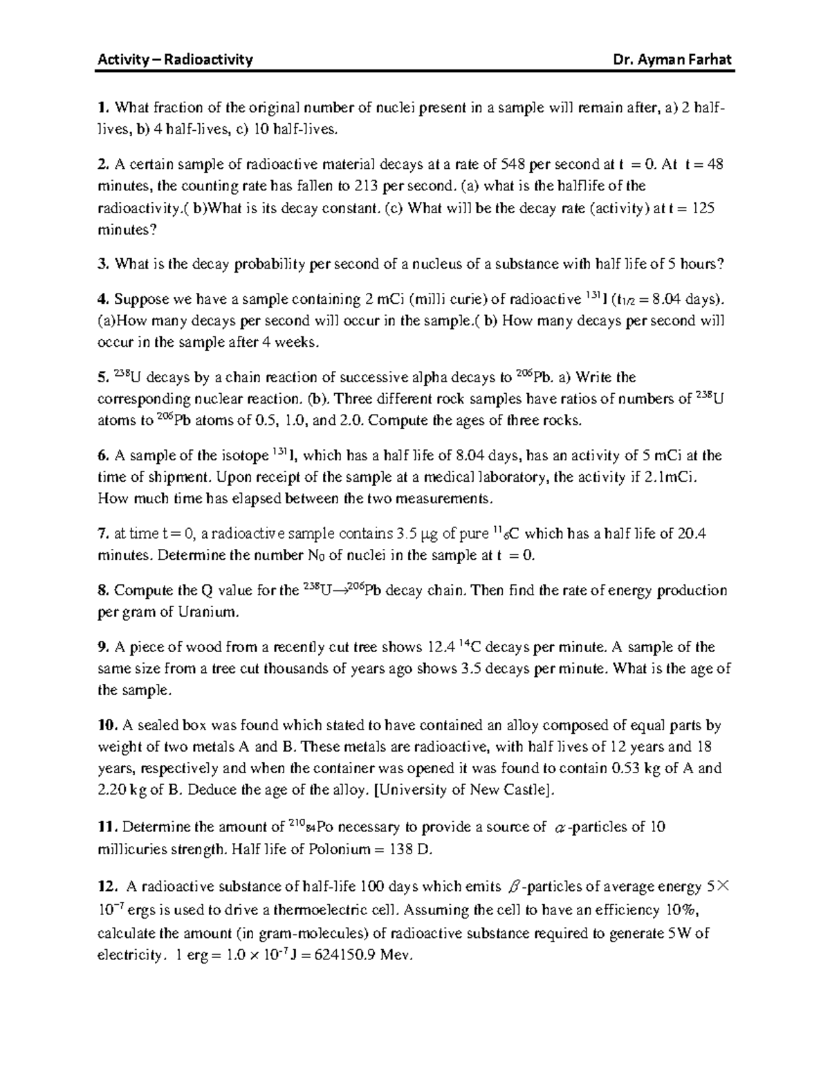 Activity-Radioactivity Study Guide - Dr. Ayman Farhat - Studocu