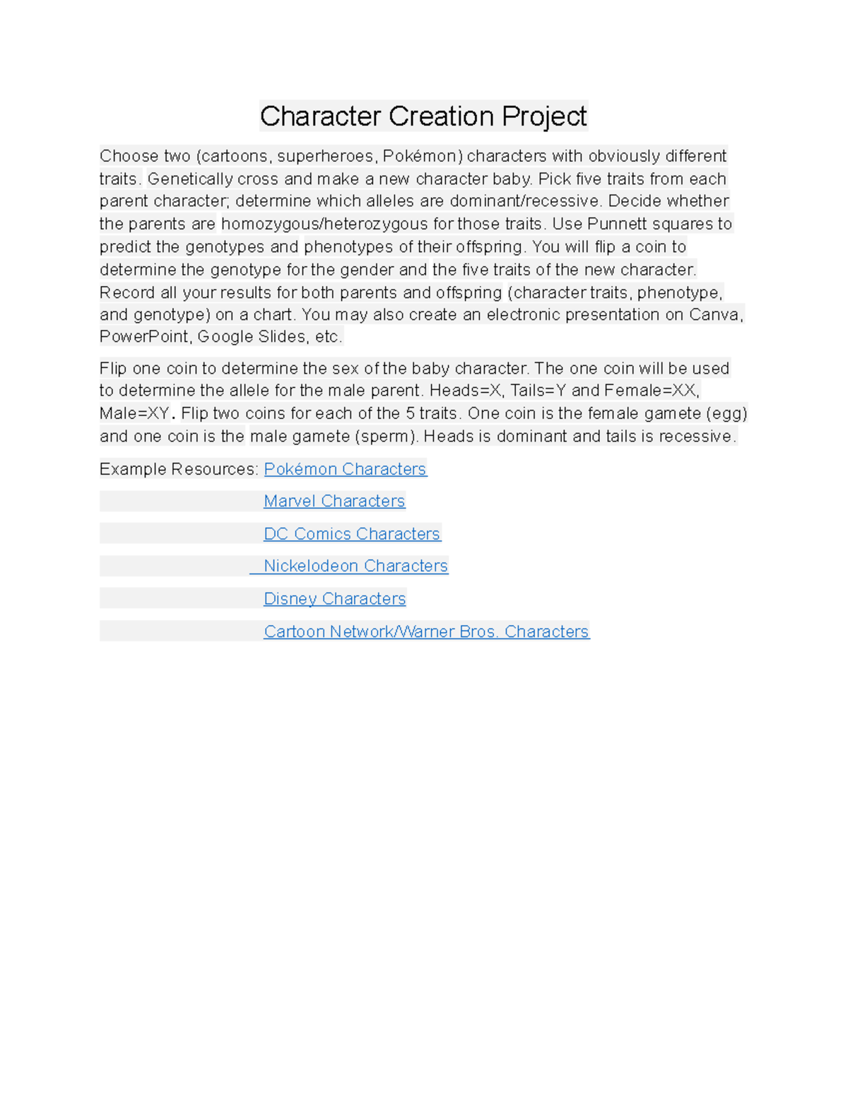 Character Creation Project - Character Creation Project Choose two ...