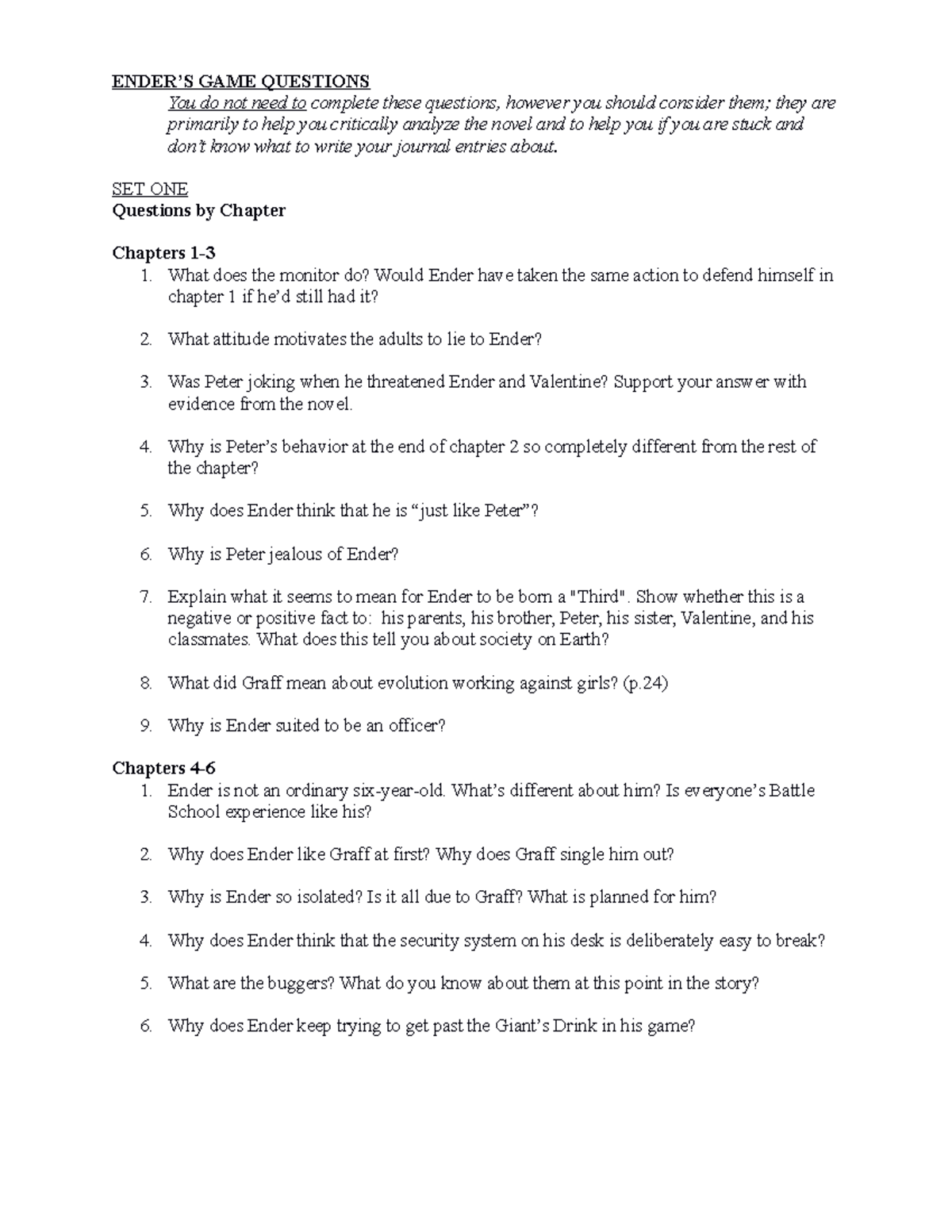 Ender's Game Study Questions for Critical Analysis - Studocu