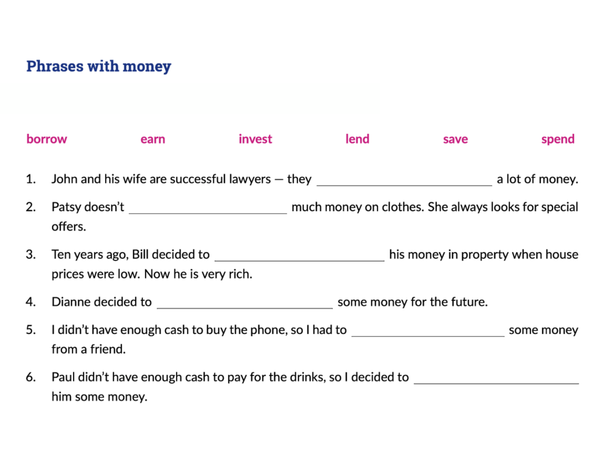 Phrases with Money: Borrow, Earn, Invest, Lend, Save, Spend - Studocu