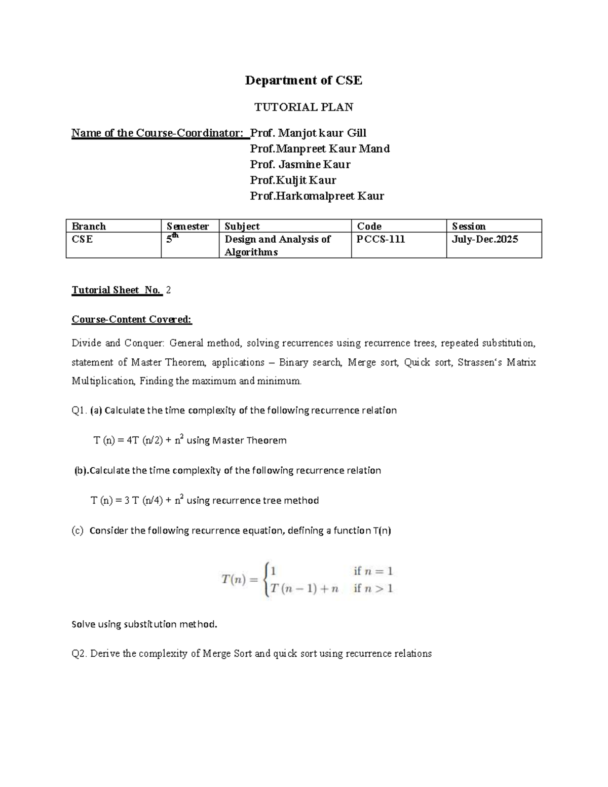 CSE 5th Sem Tutorial Plan: Design & Analysis of Algorithms - Studocu