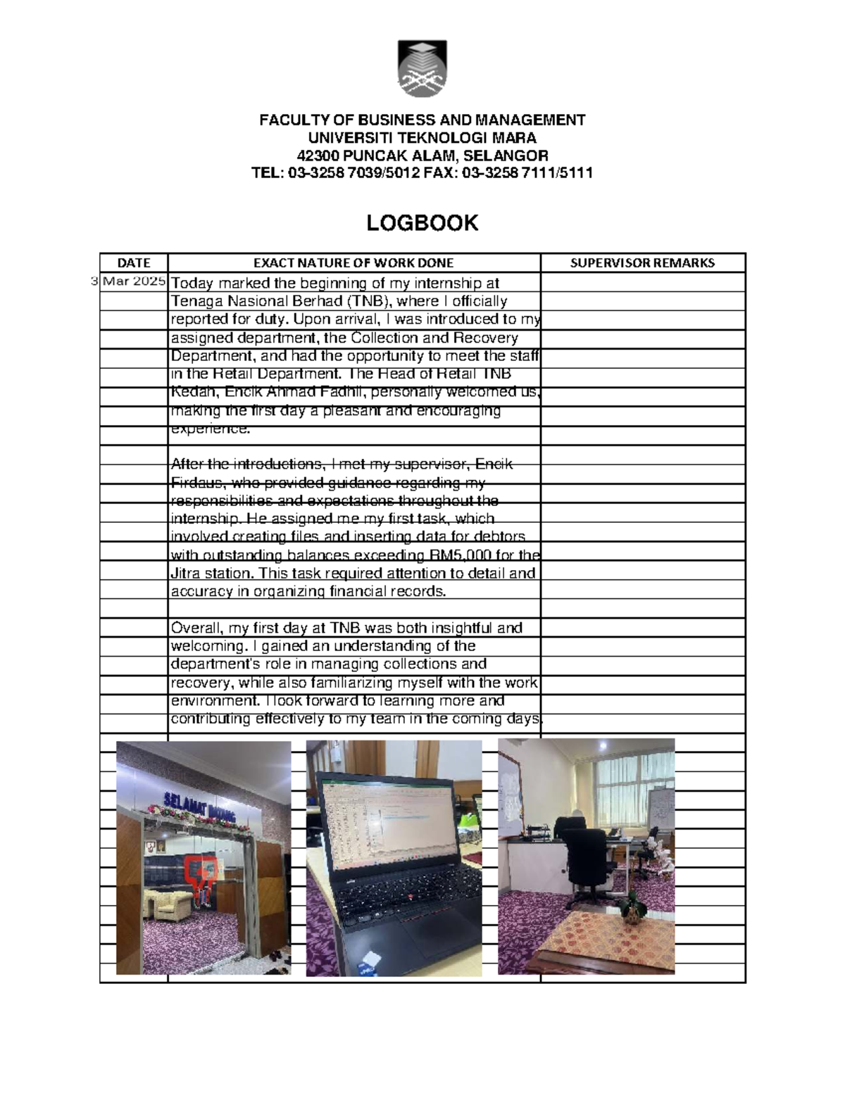 Logbook for Industrial Training at TNB - Internship Day 1 - Studocu