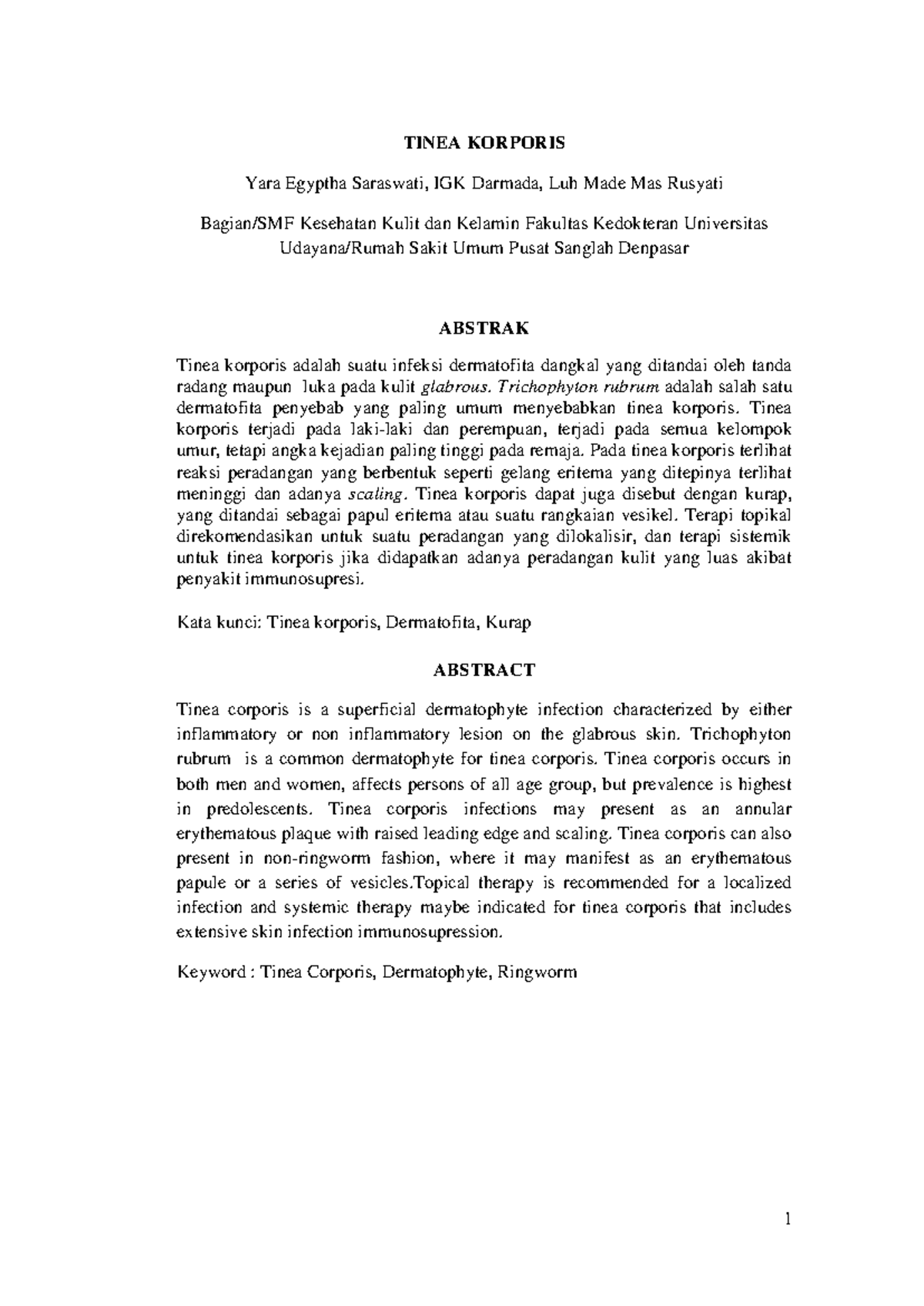 Tinea Korporis: Infeksi Dermatofita dan Penanganannya (7035) - Studocu