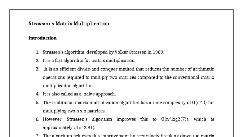Strassen's Algorithm for Matrix Multiplication: An Overview - Studocu
