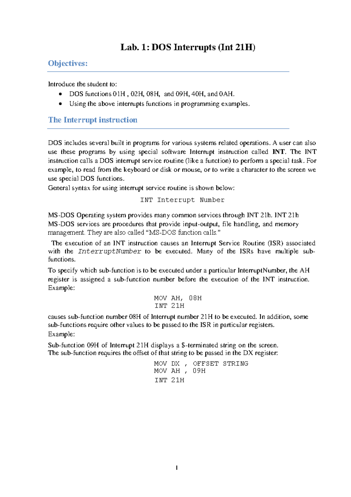 Lab. 1: DOS Interrupts (Int 21H) Overview and Examples - Studocu