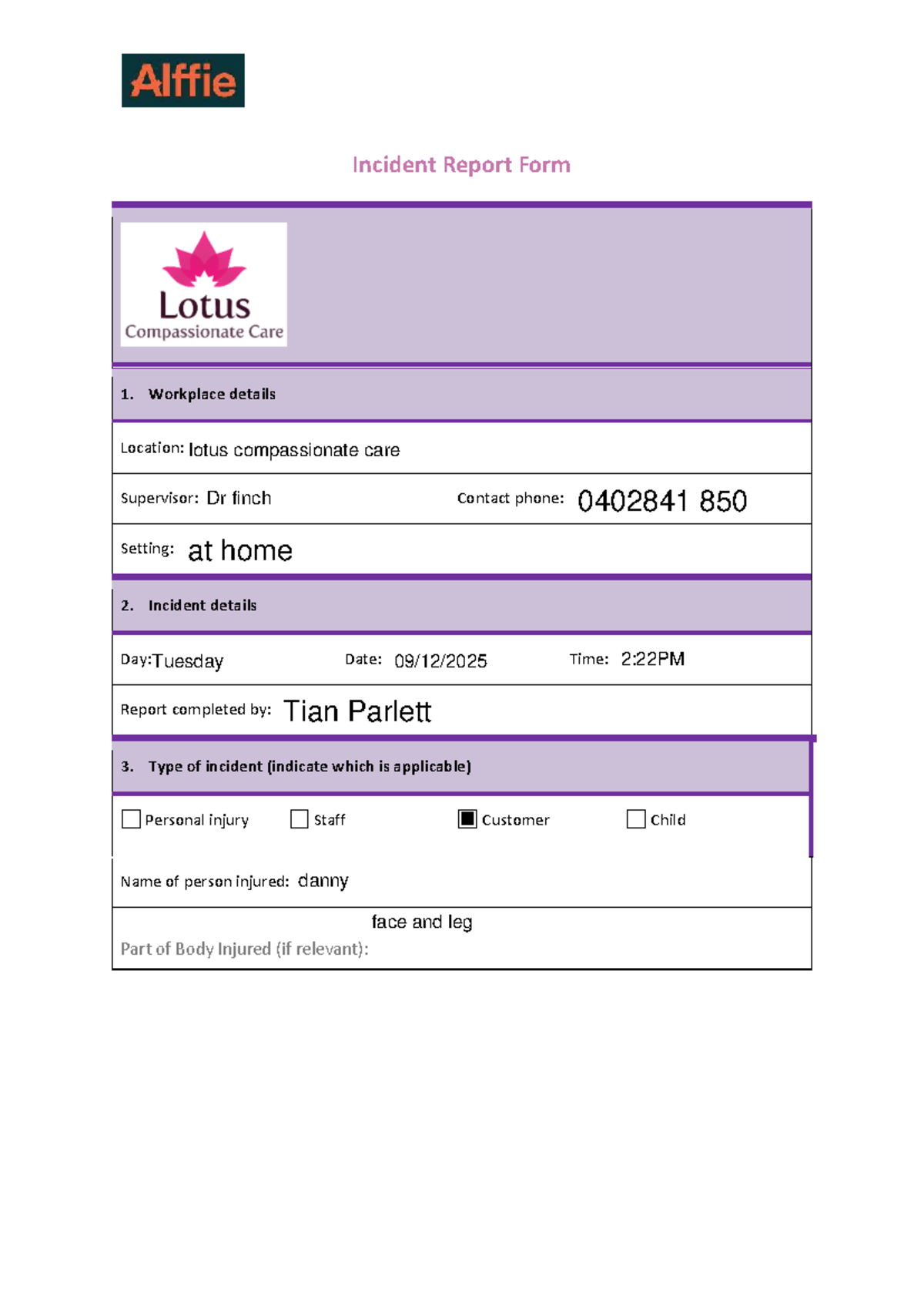 Incident Report Form V1: Workplace Injury Details - Studocu